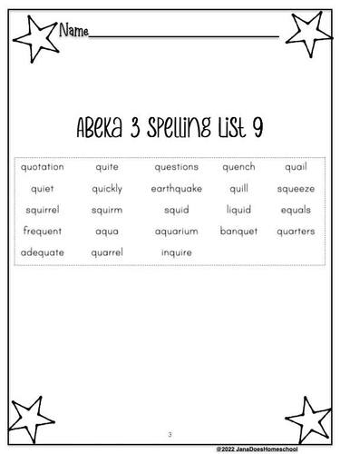 Abeka Spelling & Poetry 3 List 9 - 6th Edition - Practice - q goes with u