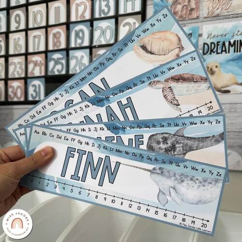 Student Desk Plates & Supply Labels | Modern Ocean Classroom Decor
