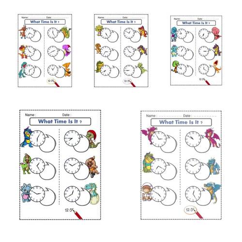 Telling Time to the Nearest 5 Minutes- Worksheets - dinosaurs | TPT
