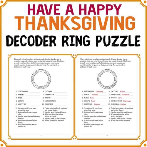 Thanksgiving Decoder Ring Puzzle Worksheets - Autumn Vocabulary Puzzle