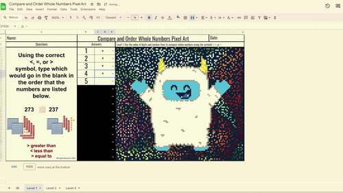 Google Sheets Pixel Art - Compare and Order Whole Numbers TEKS 4.2C