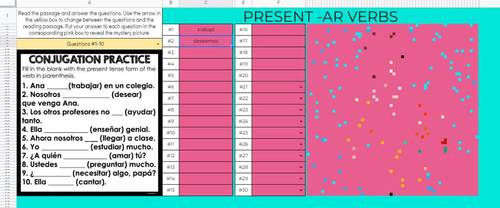 Present AR Verbs Digital Spanish Reading Activity Mystery Picture Pixel Art