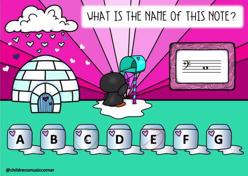 Valentine Music Bass Clef Note Reading in Digital Task Cards on Boom Cards™