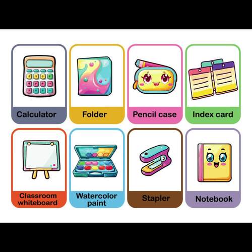 school supply flashcards-list vocabulary - games worksheets Happy ...