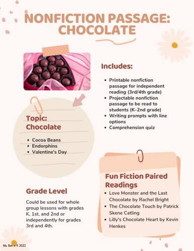 Chocolate (Nonfiction Passage, Writing Prompts, & Comprehension Check ...