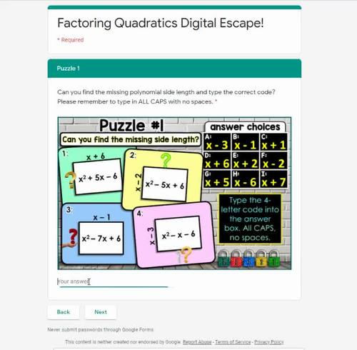 Factoring Quadratics Digital Math Escape Room Activity | TPT