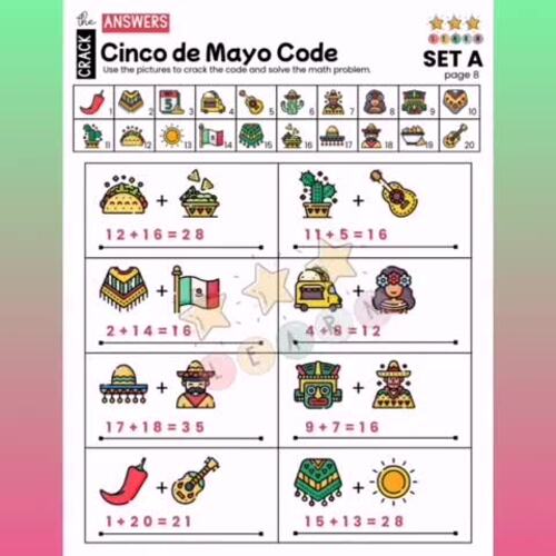 Cinco De Mayo Math | Crack the Code Worksheets | Adding 2-3 Numbers ...