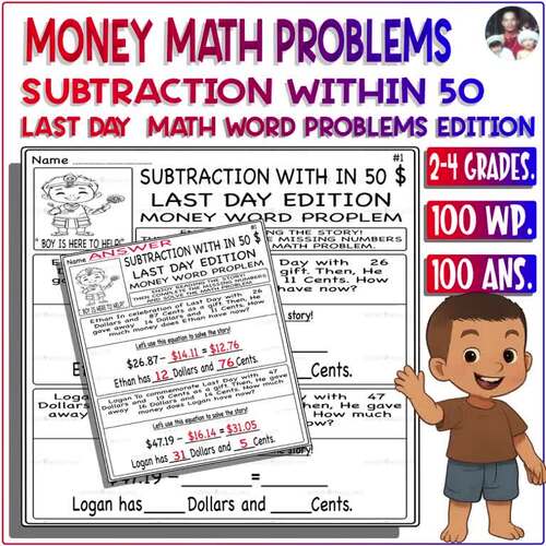 Last Day Math Money Word Problems Subtraction Within 50 - Step Goal ...