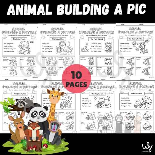 No-Prep Animal Reading Comprehension & Building a Picture - 10 Hand ...