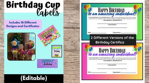 Birthday Cups-- Labels & Certificates II (Editable) | TPT