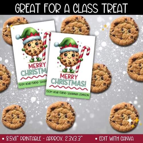 Christmas Chip Cookie Treat Gift Tags, Holiday Class Gift Teacher Student Card