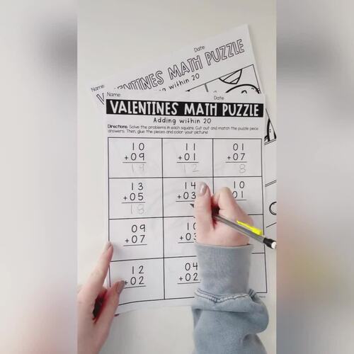 Valentines Math Fact Families Addition Subtraction Puzzles for 1st Grade