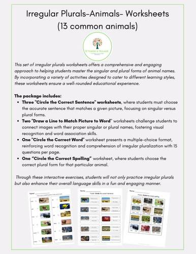 Irregular Plurals -Animals Worksheet Set (13 common animals )(ABLLS-R J15)