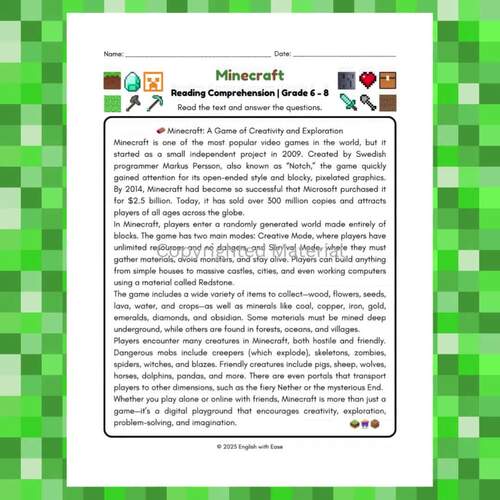 Minecraft Reading Comprehension Passages & Questions: Differentiated ...