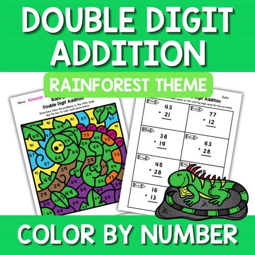 Double Digit Addition Color by Number Rainforest Chameleon 2nd Grade ...