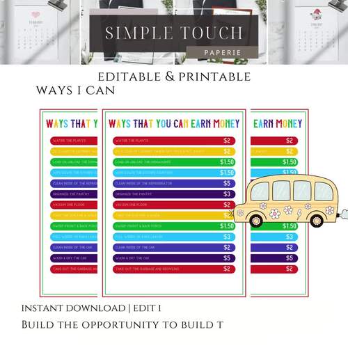 Editable Kids How I Can Make Money Chore Checklist by Simple Touch Paperie