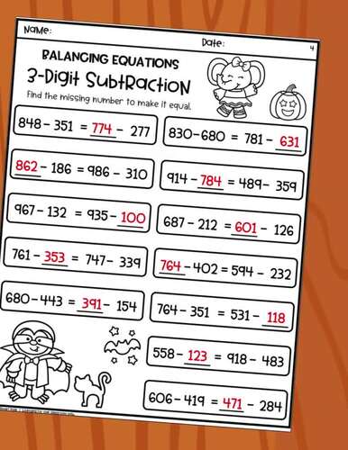 Halloween 3 Digit Subtraction Balancing Equations Missing Numbers Practice