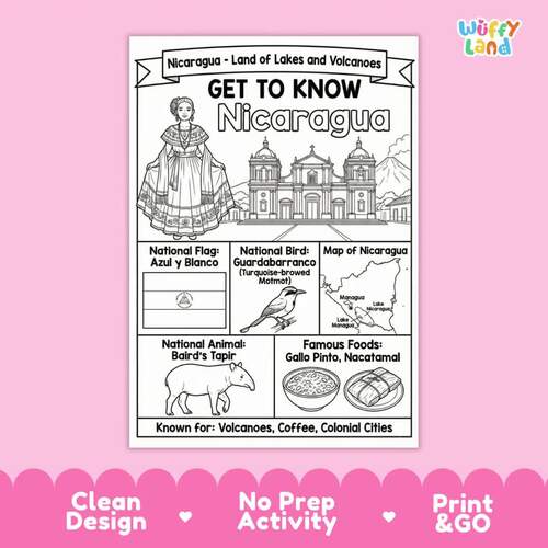 Nicaragua Country Study Geography Coloring Page Worksheet Activity by ...