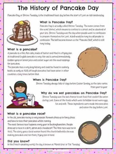 History of Pancake Day & Shrove Tuesday Reading Comprehension Worksheets