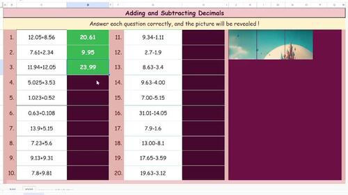 Adding and Subtracting Decimals Mystery Digital Picture Art Reveal Math ...