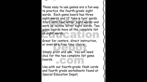 Sight Words- Fourth Grade- Game Boards by Special Education Depot