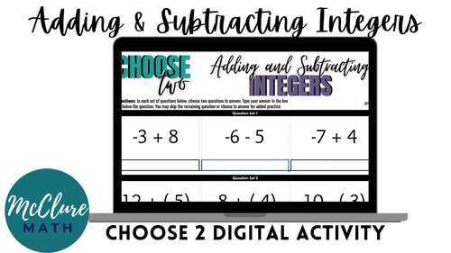 Adding & Subtracting Integers Choose 2 Digital & Print Activity By 
