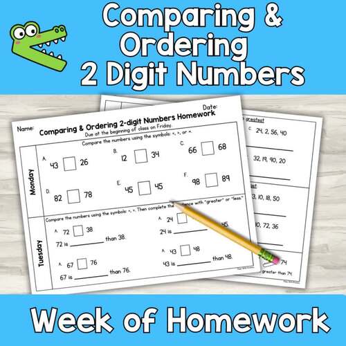 Comparing & Ordering 2 Digit Numbers Homework | Weekly Week | 2nd Grade