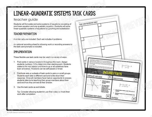 Solving Linear-Quadratic Systems Task Cards Activity by Math Beach ...