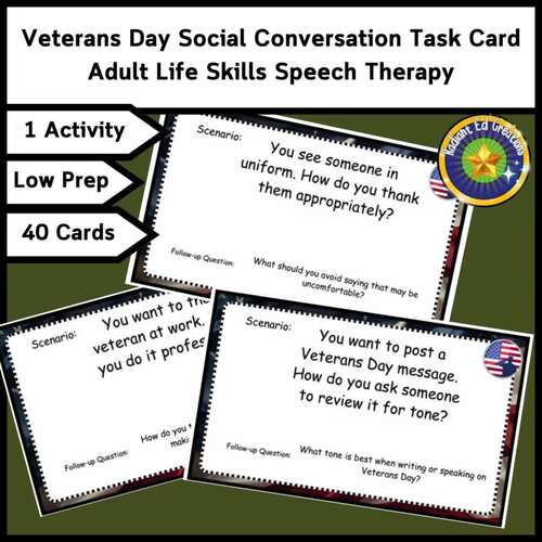 Veterans Day Social Conversation Task Card Adult Life Skills Speech Therapy