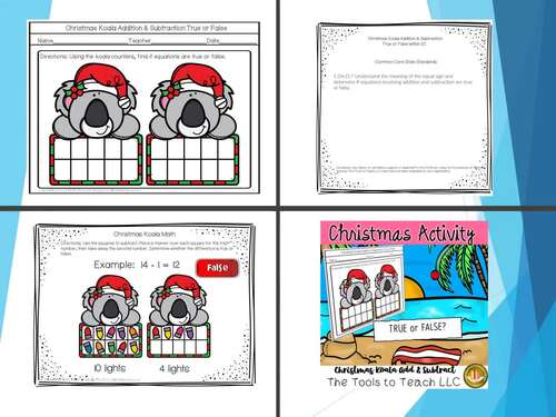 Christmas Koala 30 Add and Subtract to 20 Task Card Tens Frames True or ...