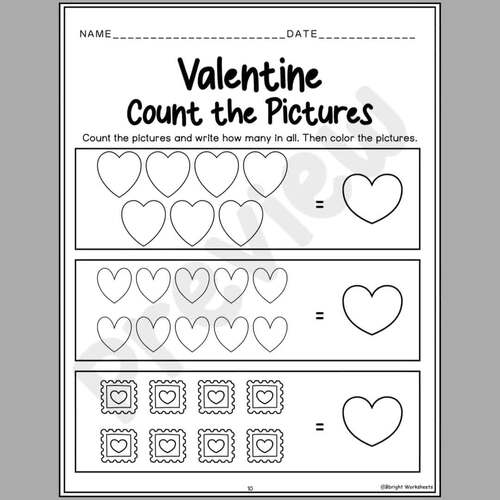 Valentine Count the Pictures Within 10 | Pre-K & K Math Worksheets | No ...