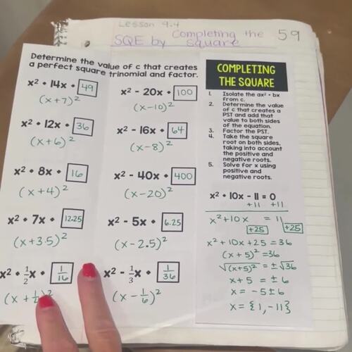 Algebra 1 - Completing the Square Solving Quadratic Equations Foldable