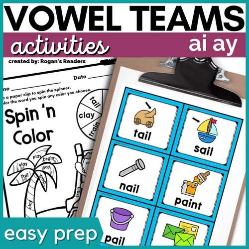 AI and AY Vowel Teams Worksheets and Phonics Activities - Long a