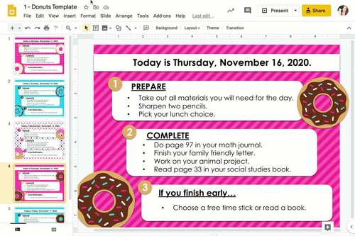 Editable Morning Work Presentation Google Slides PPT Templates | Donuts