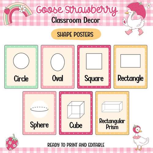 Goose Strawberry Shape Posters | 2D & 3D Math Wall | Pastel Classroom Decor