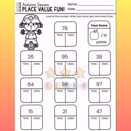 Autumn Place Value Worksheets Tens and Ones | Fall Math Centers | Grade 1–2