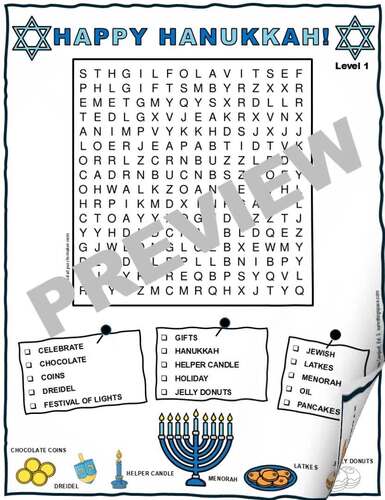 Two Happy Hanukkah! Wordsearches/2 Different Levels by Our Writing Space