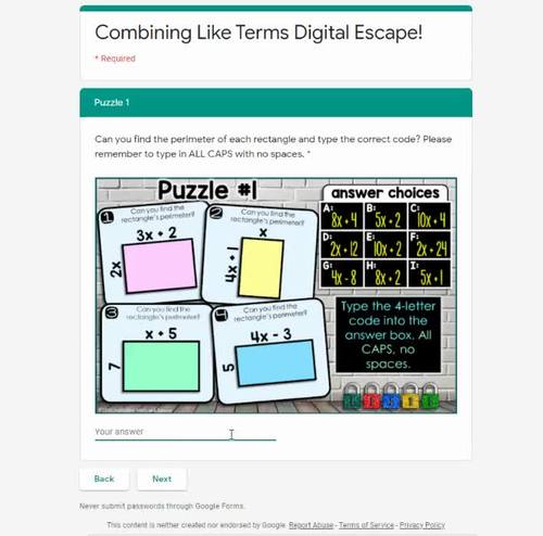 Combining Like Terms Digital Math Escape Room Activity | TPT