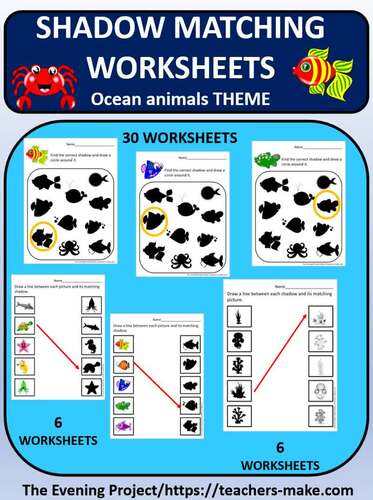 SHADOW MATCHING WORKSHEETS/OCEAN ANIMALS THEME/PRE-K, K, SPEC.ED.