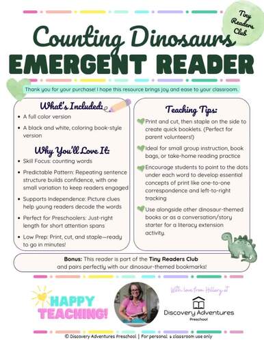 Emergent Reader for Preschool: Counting Dinosaurs | TPT