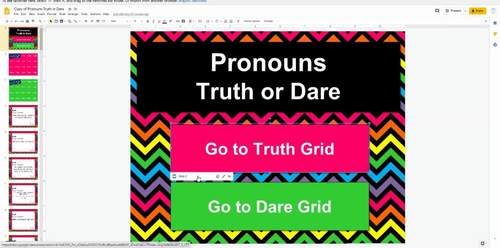 Distance Learning Pronouns Truth or Dare ELA Game for Google Slides
