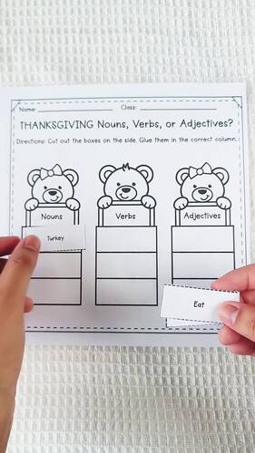 THANKSGIVING Nouns, Verbs and Adjectives Sorting – Cut and Paste ...