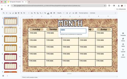 FALL DAILY, WEEKLY, MONTHLY AGENDA SLIDES - Editable Google Slide Templates