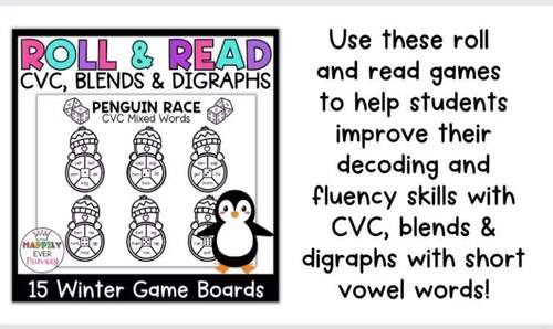Winter Roll and Read Phonics Games | Short Vowel CVC Digraphs Blends