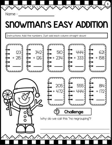 Winter 3 Digit Addition and Subtraction Without Regrouping | 20 No Prep ...