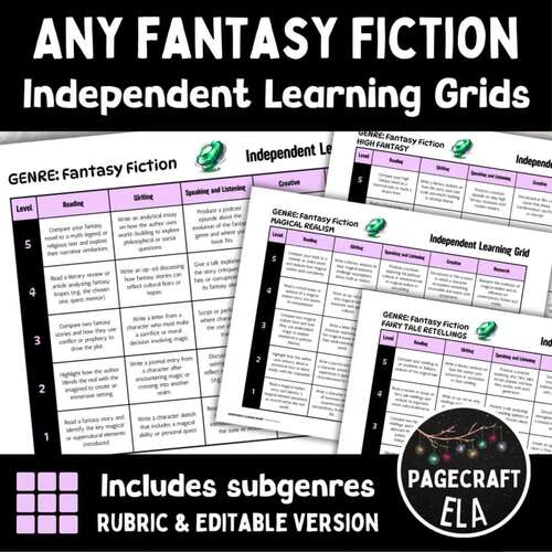 Any Fantasy Fiction Genre Independent Study Grids of Activities with Rubric