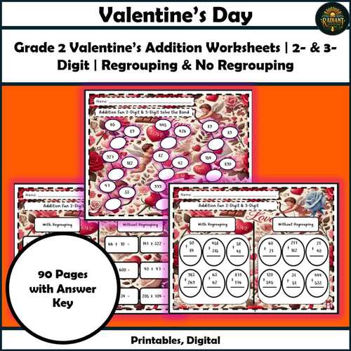 Grade 2 Valentine Day Addition Math 2 3 Digit Regroup No Regroup Number ...