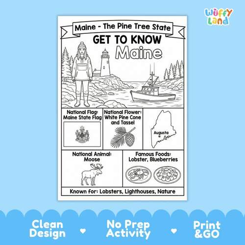 Maine State Study Geography Coloring Page Poster Activity Worksheet