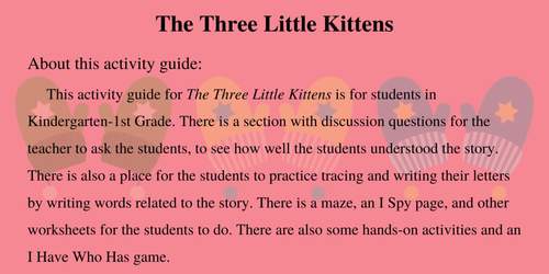 3 Little Kittens Book Activity Guide with Crafts Worksheets and More