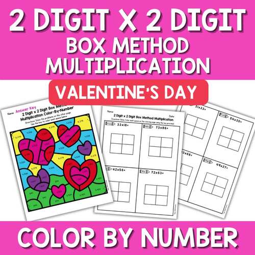 Valentines Day Color by Number 2 Digit x 2 Digit Multiplication Box ...